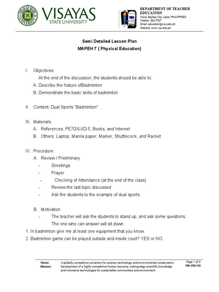 Lesson Plan (Nature of Badminton) | PDF | Athletic Sports