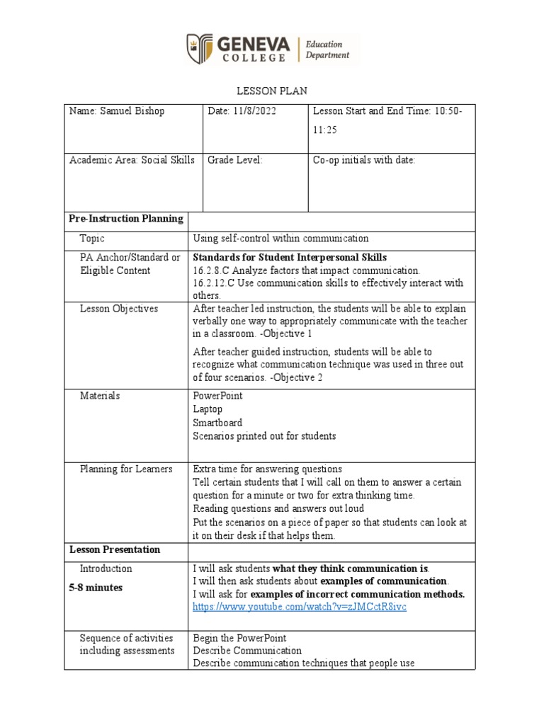 Communication Social Skills Lesson | PDF | Communication | Teachers