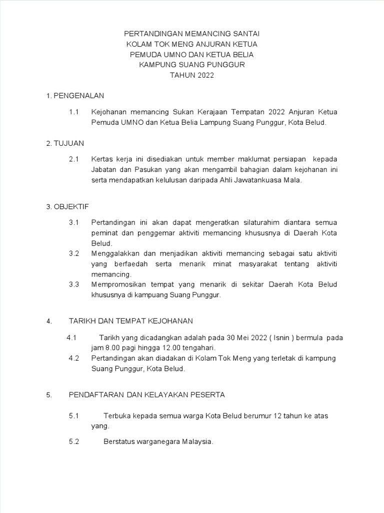 Kertas Kerja Pertandingan Memancing 2022 | PDF