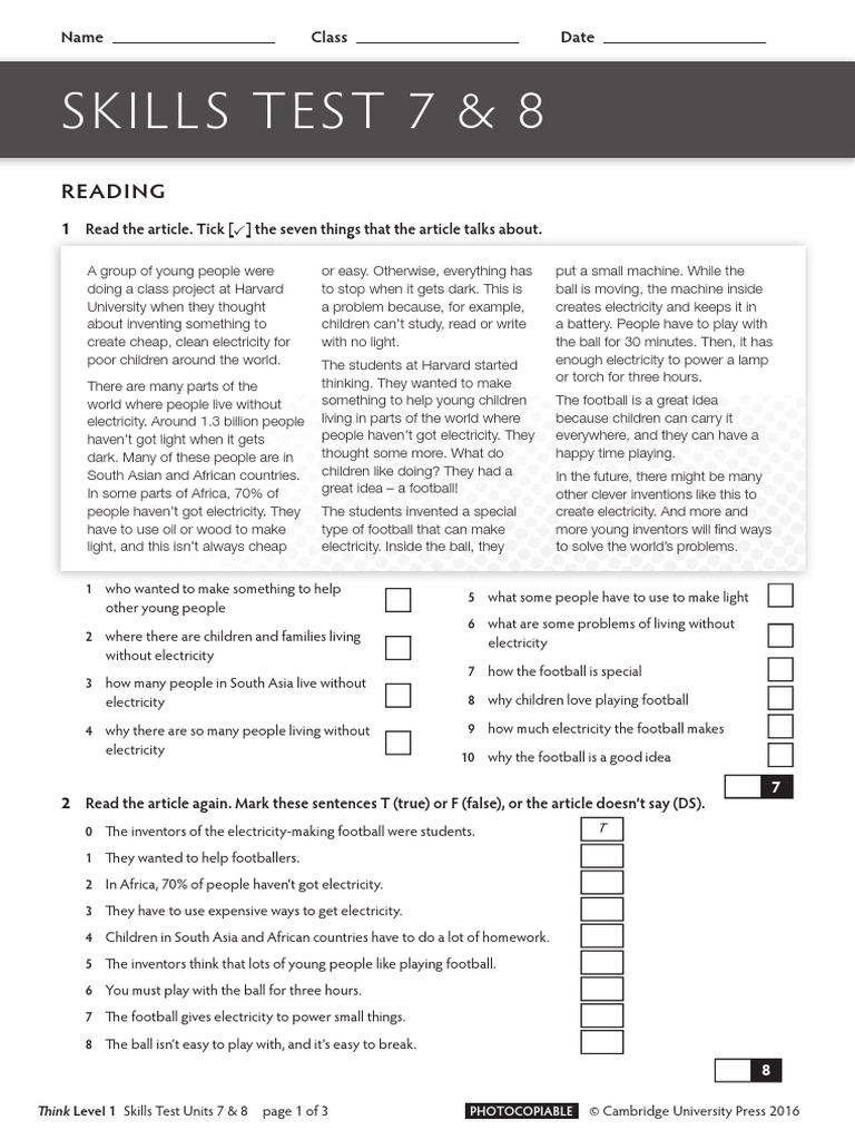 Think Level 1 Skills Test Units 7-8 | PDF | Home & Garden