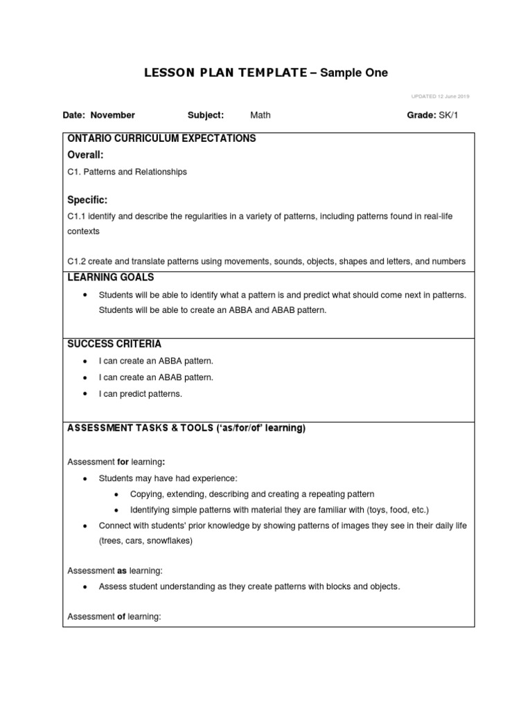 Math 1 Lesson Plan | PDF | Pattern | Communication