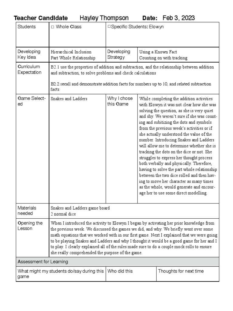 Math Game Lesson Plan 2 | PDF | Mathematics | Understanding