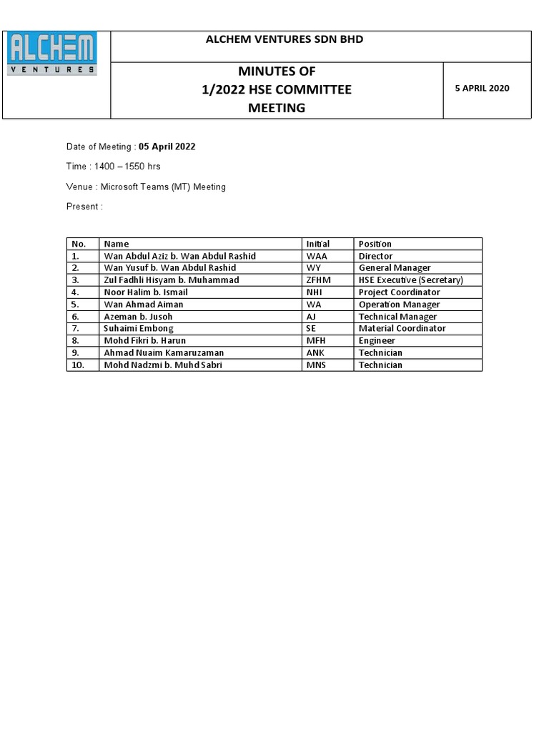 Alchem Ventures HSE Committee Meeting Minutes | PDF