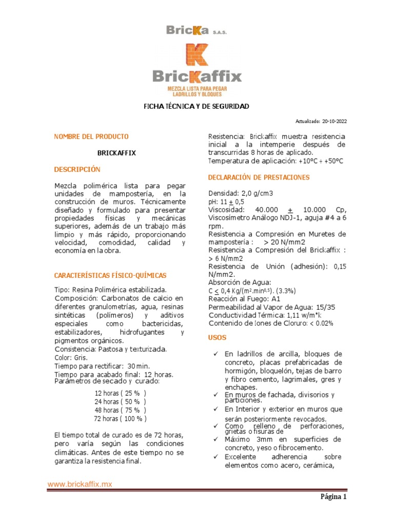 Ficha Tecnica Brickaffix 20 10 2022 PDF | PDF | Hormigón | Albañilería