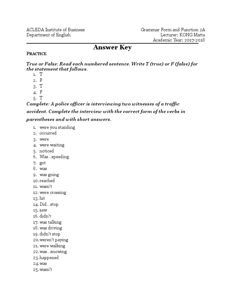 Answer Key | PDF | Sentence (Linguistics) | Linguistics
