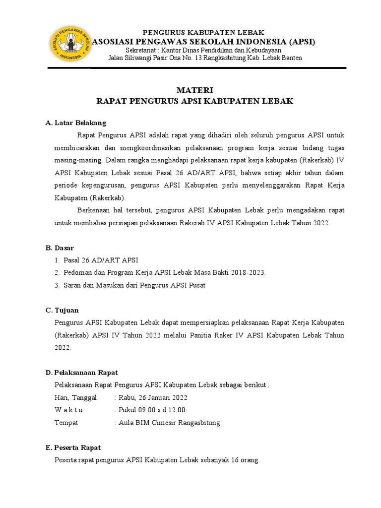Edit Materi Rapat Pengurus APSI | PDF