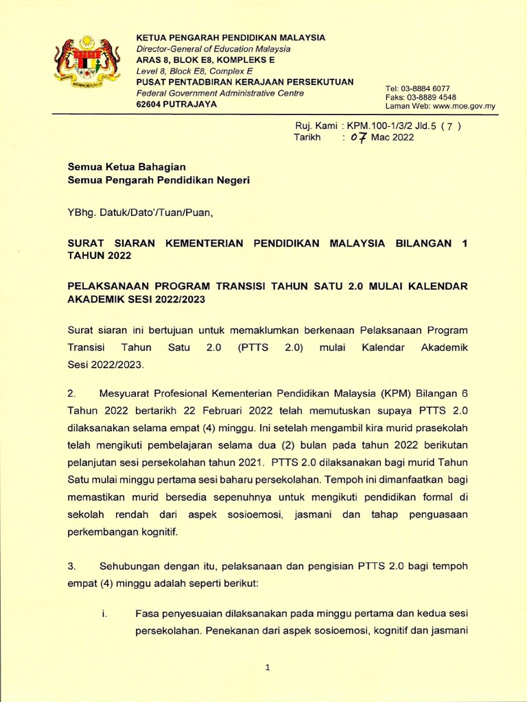 Surat Siaran KPM Bil 1 Tahun 2022 Pelaksanaan Program Transisi Tahun | PDF Surat Siaran KPM Bil 1 Tahun 2022 Pelaksanaan Program Transisi Tahun | PDF