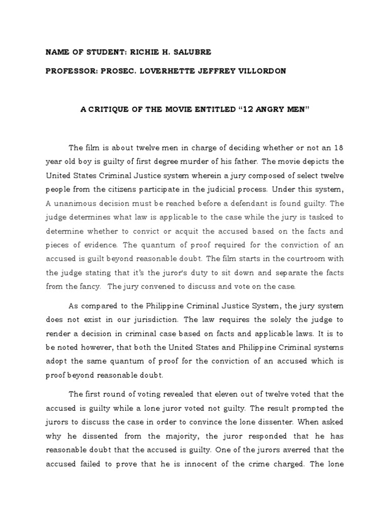 Movie Analysis-12 Angry Men | PDF | Burden Of Proof (Law) | Reasonable ...