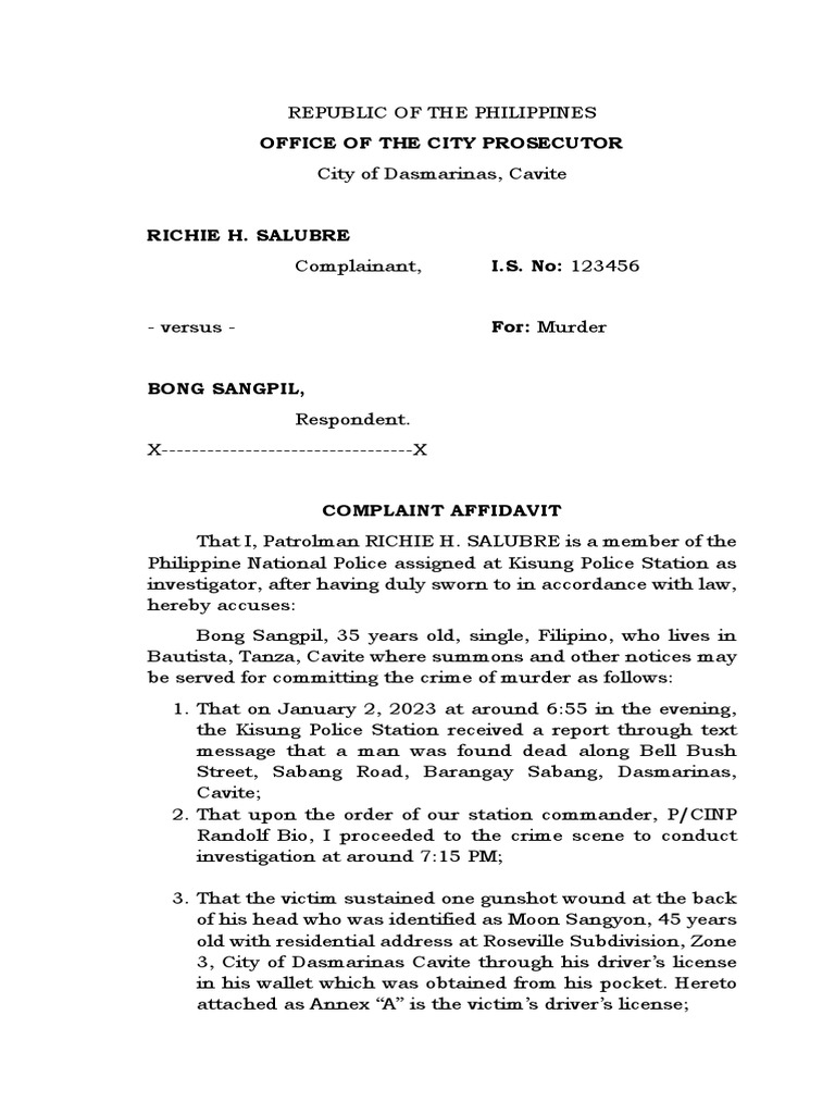 Murder Complaint Against Bong Sangpil | PDF | Murder | Capital Punishment
