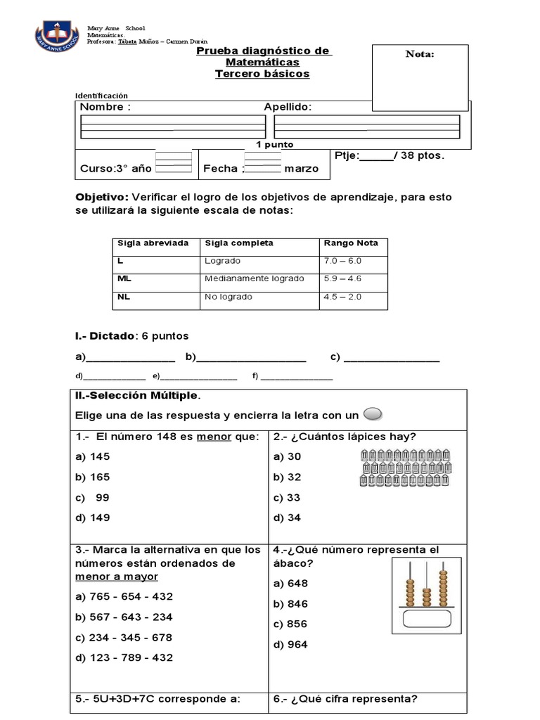 Eval. Diagnóst. de Matem. Tercero | PDF | Geometría | Geometría euclidiana