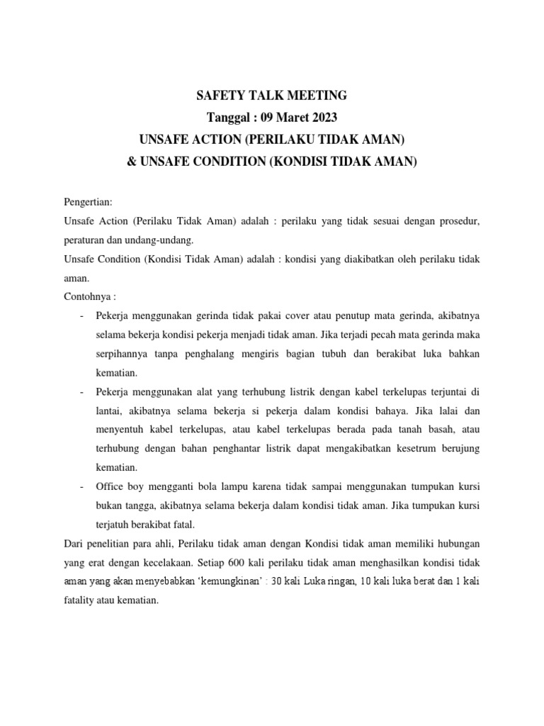 Safety Talk 09 MARET 2023 - Unsafe Action & Unsafe Condition - 090823 PDF | PDF