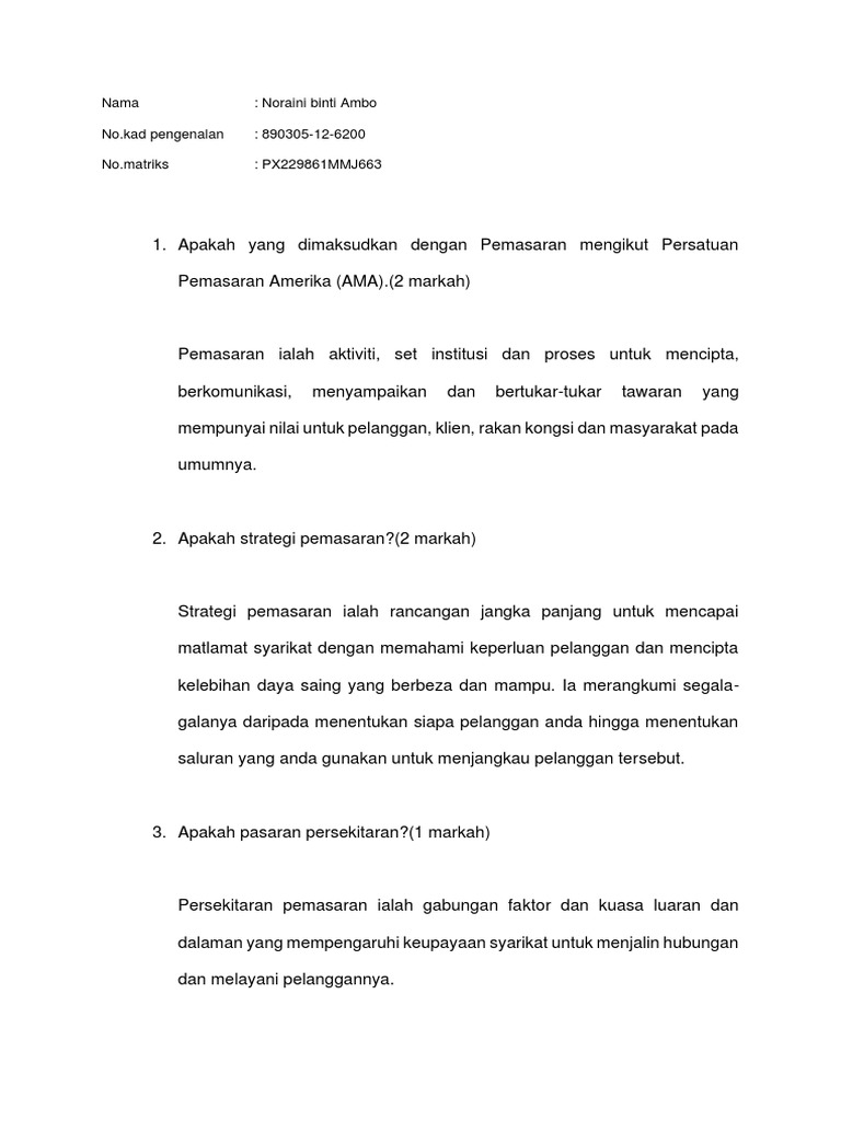 Noraini Ambo - Class Test Principle in Corporate Marketing PDF | PDF