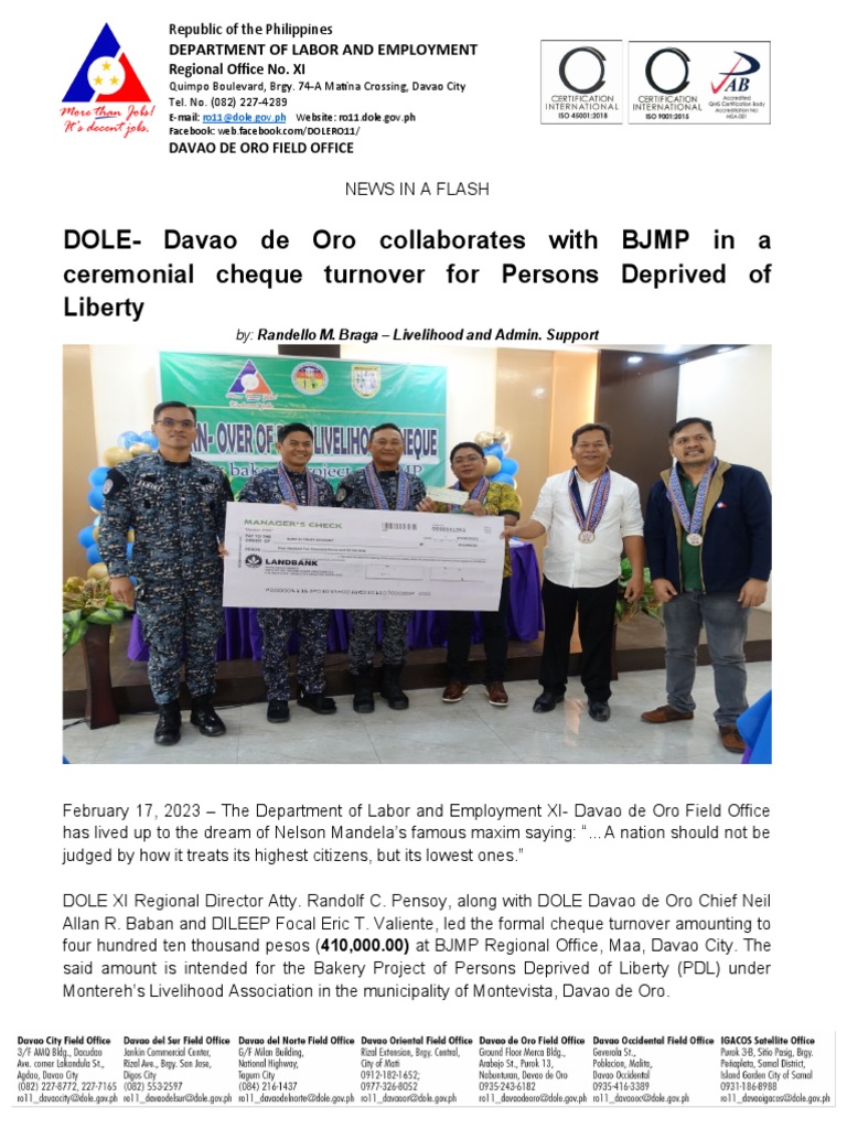 DOLE-Davao de Oro collaborates with BJMP in a ceremonial cheque ...