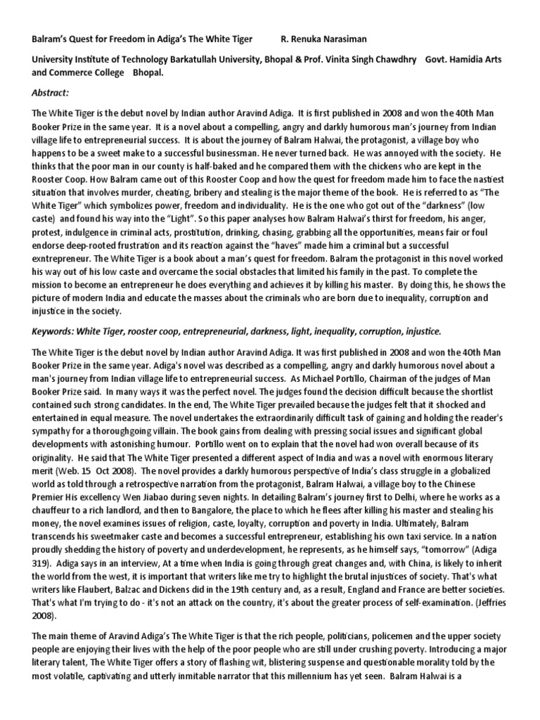 Paper On The White Tiger 2emckj1 | PDF