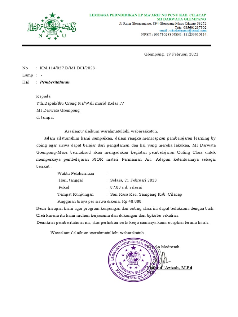 SURAT Pemberitahuan Outing Class Sari Rasa | PDF