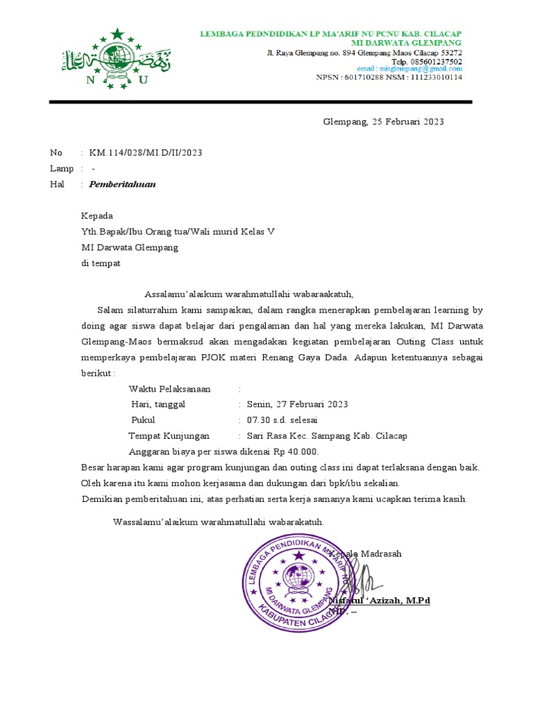 SURAT Pemberitahuan Outing Class Sari Rasa Kelas 5 | PDF
