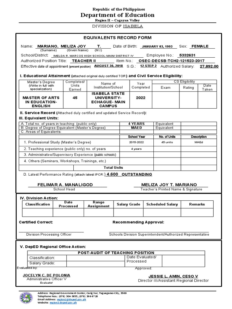 Teacher II Equivalents Record Form | PDF
