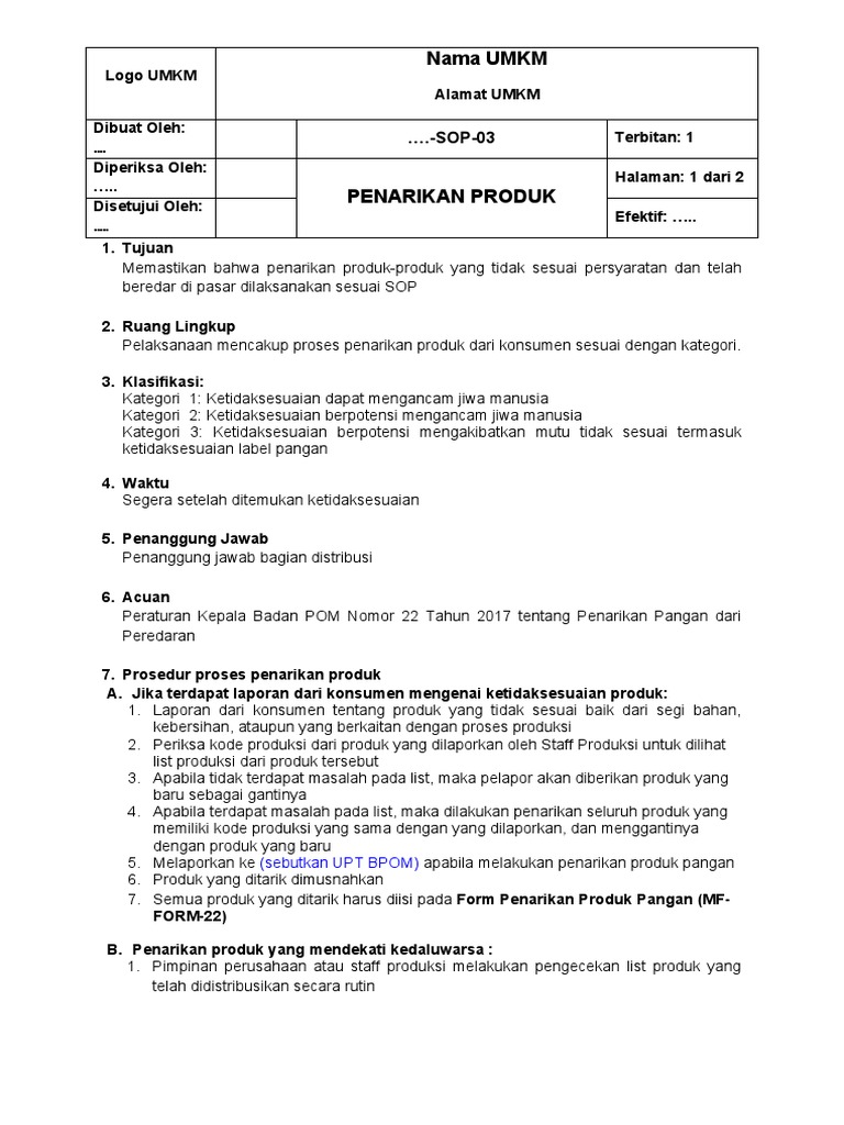 MF-SOP-03-Penarikan Produk Pangan (Recall) (1)-1 | PDF