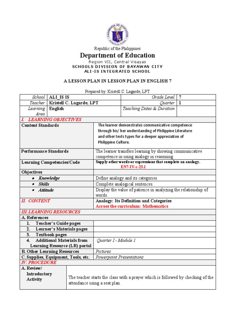 DLP-COT Q1 Eng7 Module 1 | PDF | Learning | Analogy
