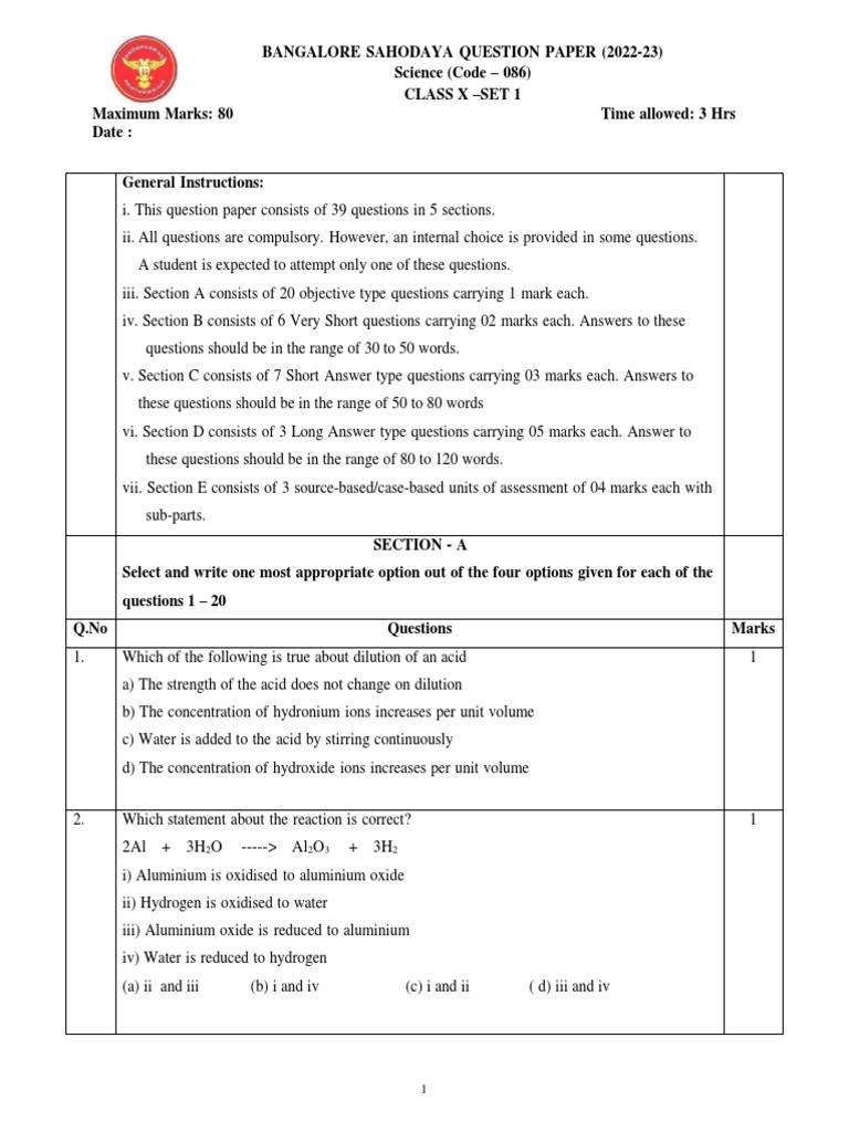 BANGALORE SAHODAYA QUESTION PAPER (2022-23) SCIENCE (CODE – 086) CLASS X –SET 1 | PDF | Chemical ...