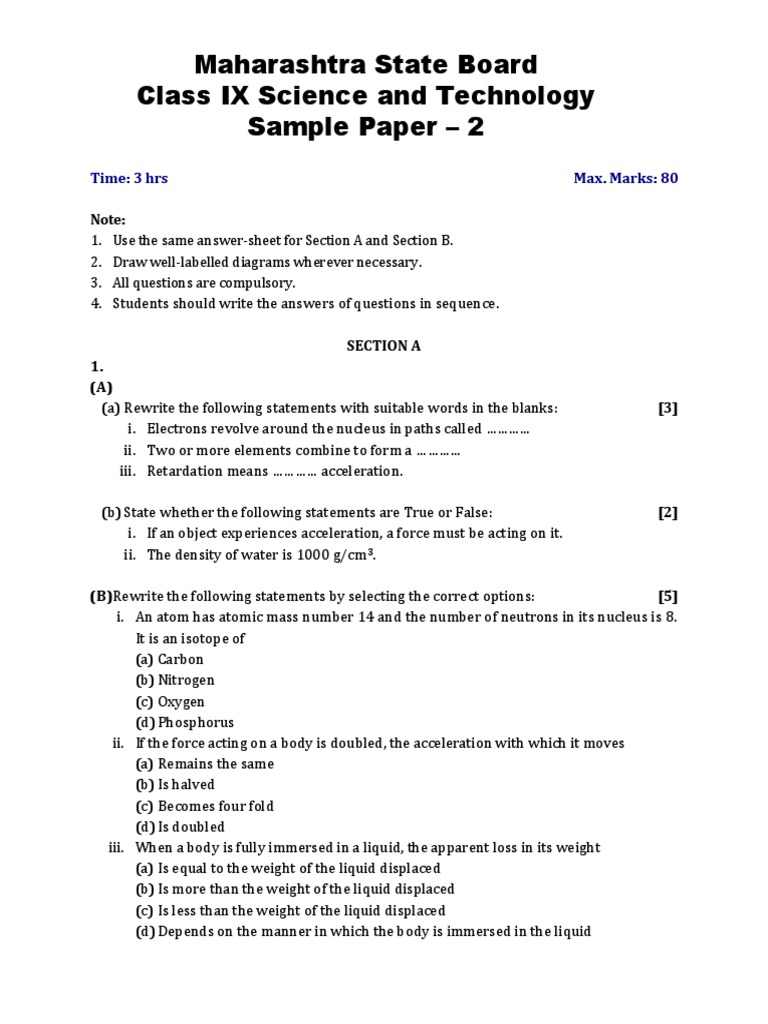 Science Class 9 Sample MSB 2 PDF | PDF | Atoms | Chemical Substances