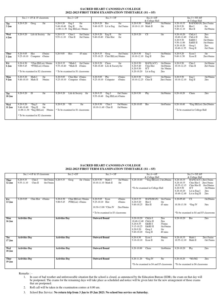 S1-S5 First Term Examination Timetable 2023 | PDF