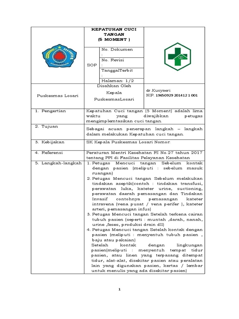 Sop Kepatuhan Cuci Tangan ( 5 Momen ) | PDF