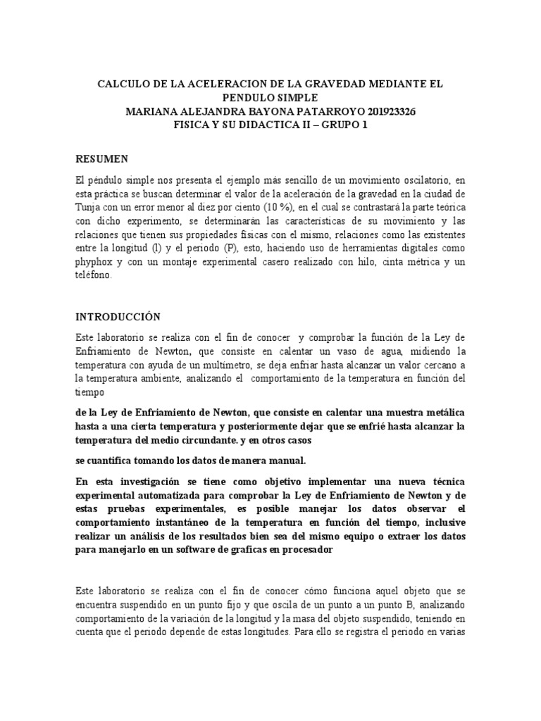 Determinación experimental del valor de la aceleración de la gravedad mediante el péndulo simple ...