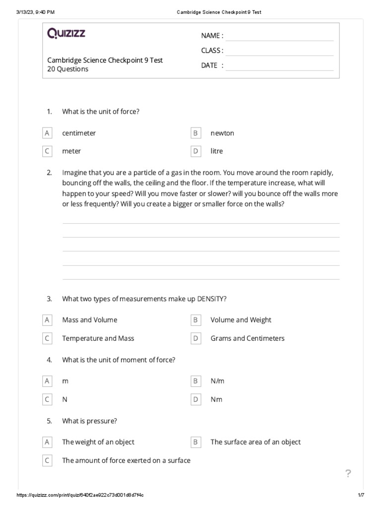 Cambridge Science Checkpoint 9 Test | PDF