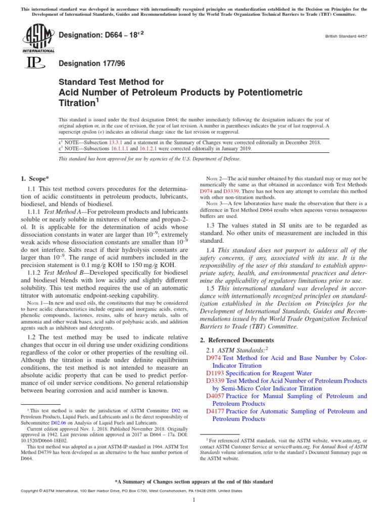 D664 - Standard Test Method For Acid Number of Petroleum Products by ...