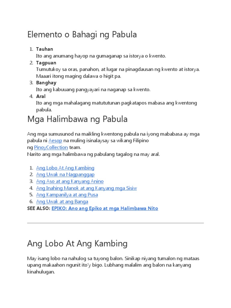 Elemento o Bahagi ng Pabula | PDF