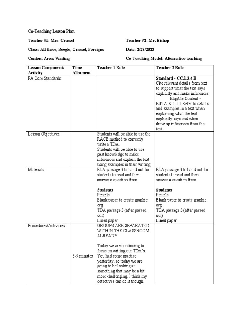 Tda Co-Teaching Lesson Tuesday | PDF | Teachers | Lesson Plan