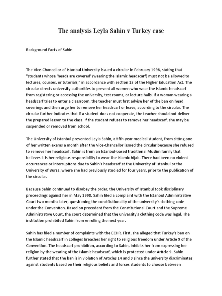 Sample 2 The Analysis Leyla Sahin V Turkey Case | PDF | European ...