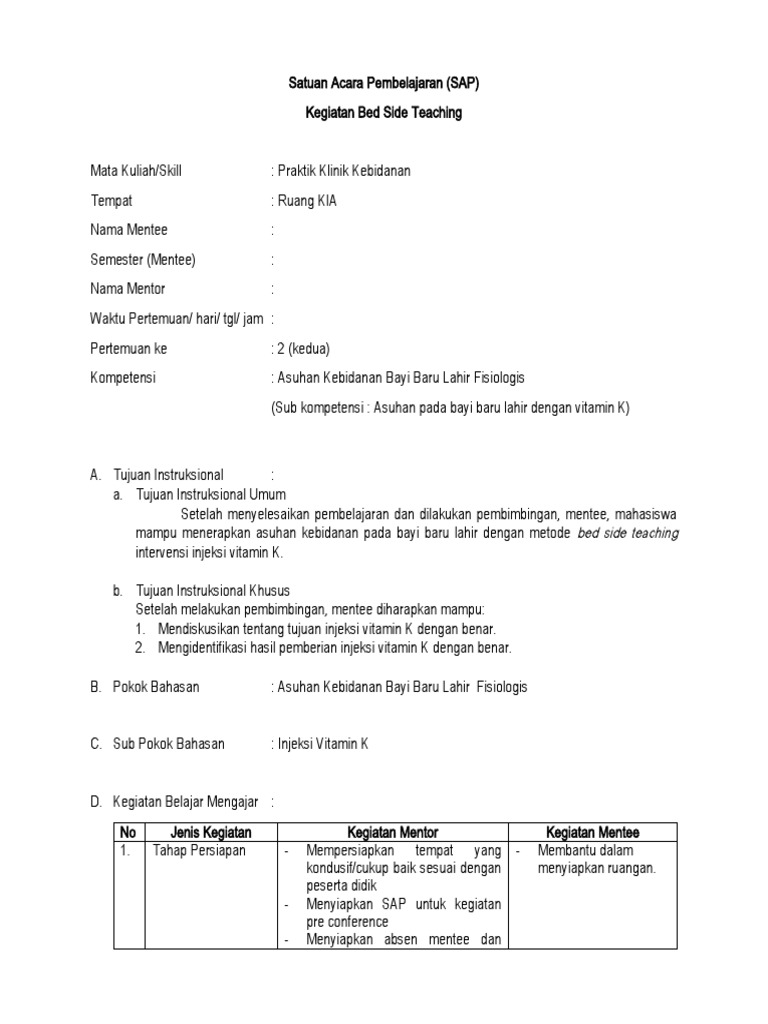 Satuan - Acara - Pembelajaran - Injeksi Vitamin K | PDF