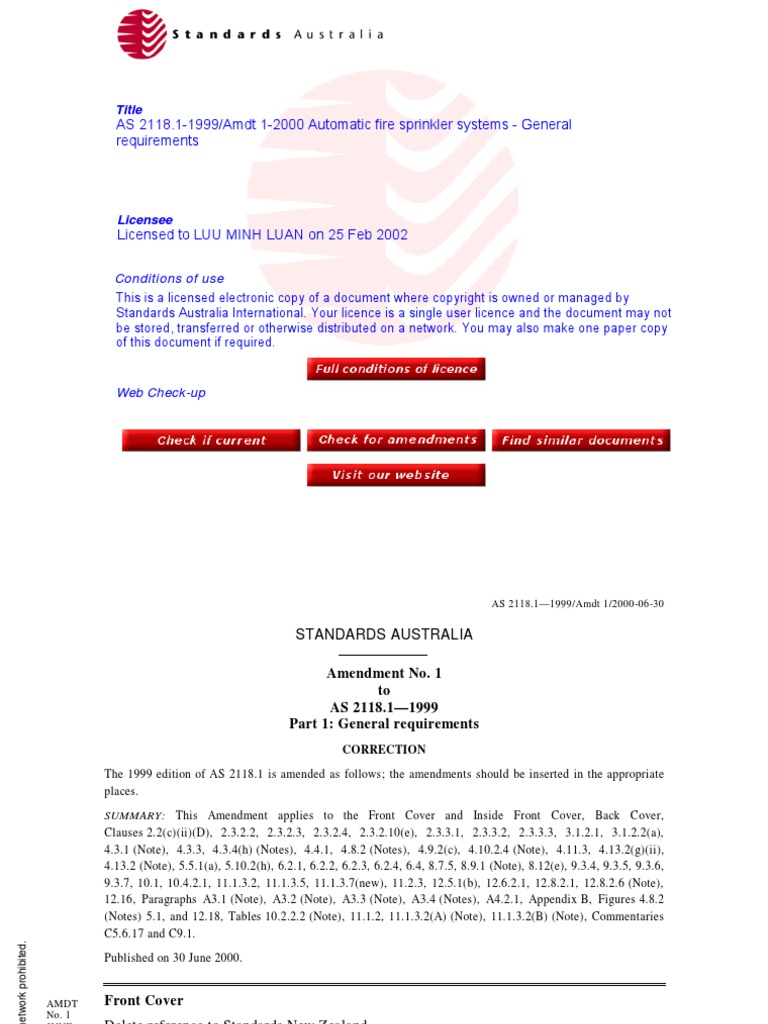 AS 2118.1-1999 Amdt 1-2000 Automatic Fire Sprinkler Systems | PDF | License