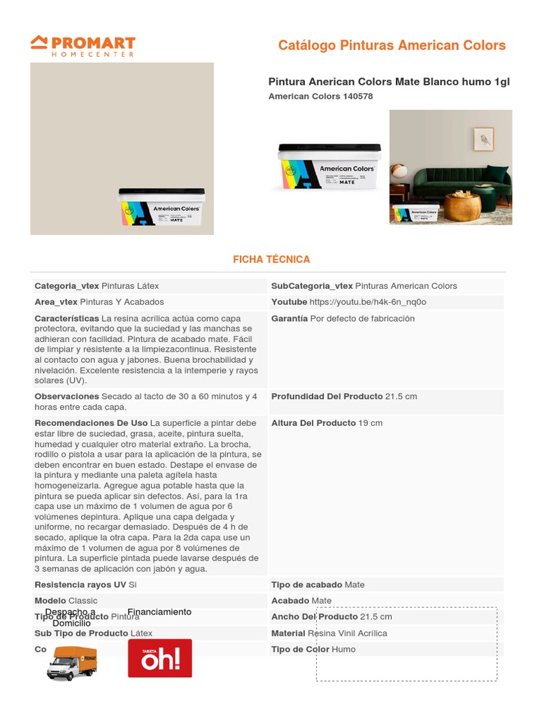 Catálogo Pintura Blanco Humo American Colors | PDF | Pintar | Materiales