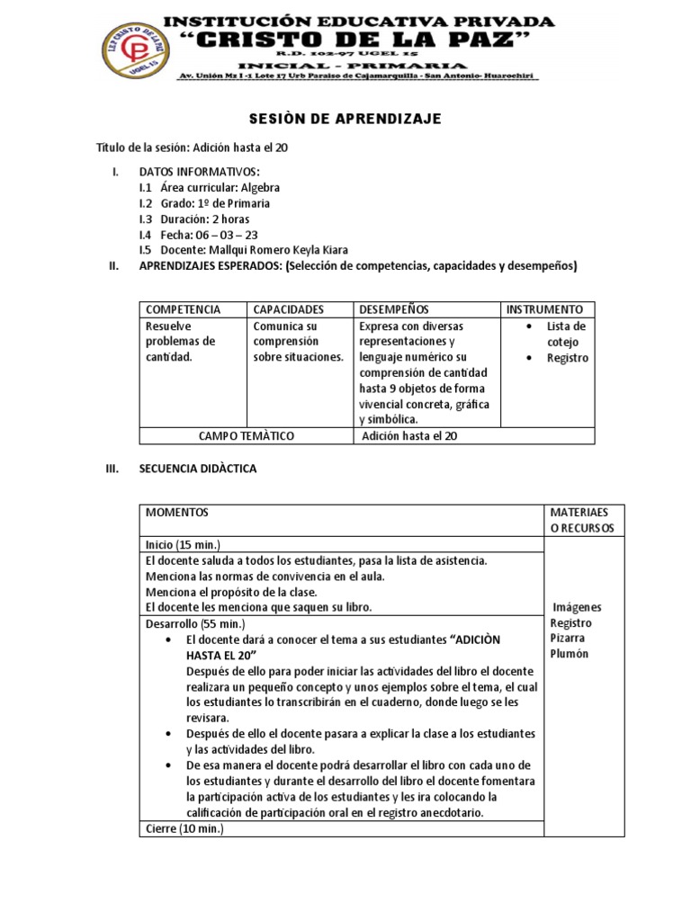 SESIÒN de APRENDIZAJE Algebra - Adicion Hasta 20 | PDF | Evaluación | Modificación de comportamiento