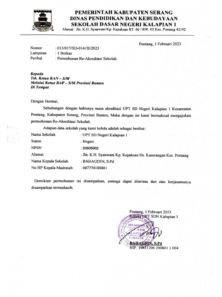 Surat Pengajuan Formal Re Akreditasi SDN KALAPIAN 1 | PDF