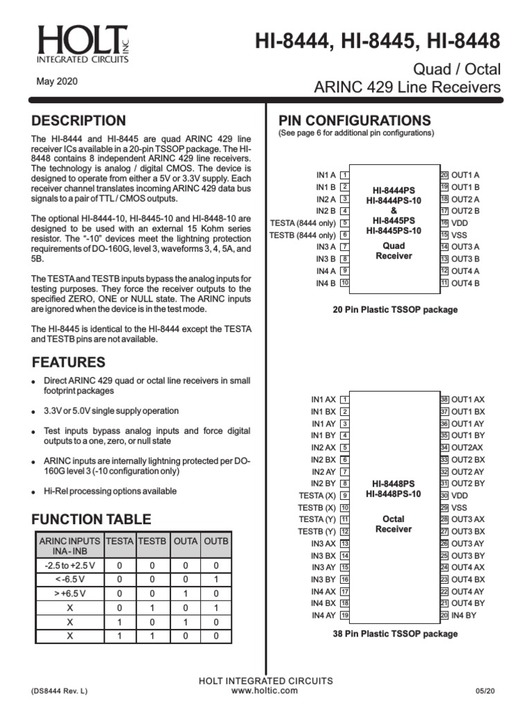 HI-8444, HI-8445, HI-8448: Quad / Octal ARINC 429 Line Receivers ...