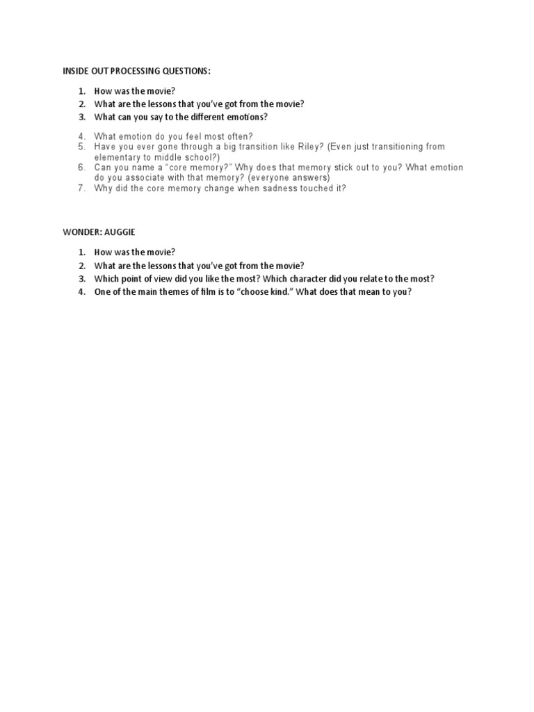 Inside Out Processing Questions | PDF