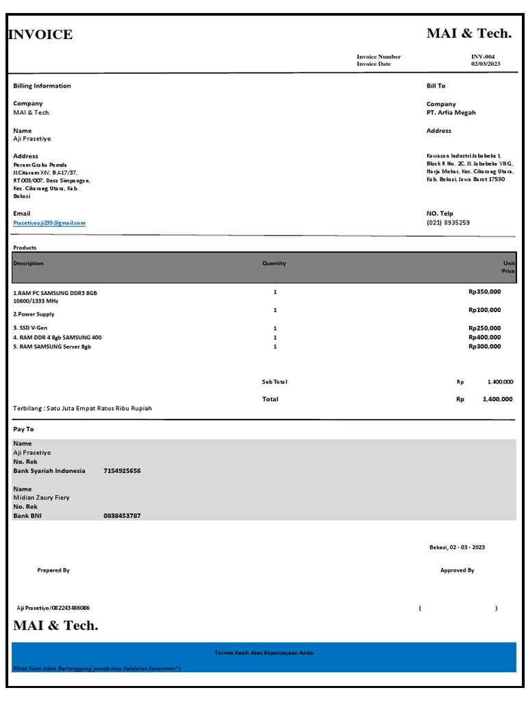 Invoice PT Arfia Megah - 02/03/2023 | PDF