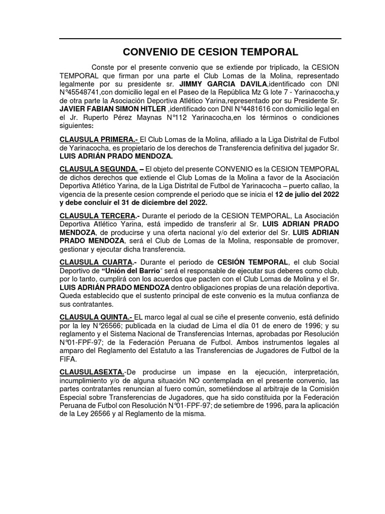 Convenio de Cesion Temporal | PDF | Asociación de Futbol | Gobierno