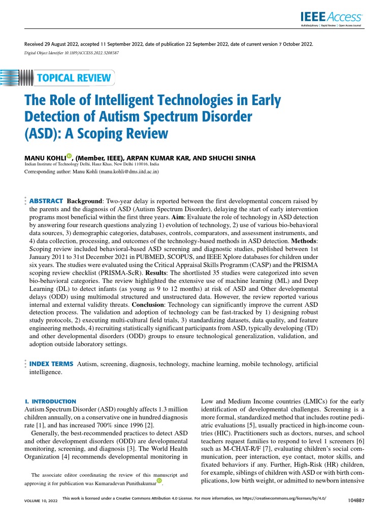 The Role Of Intelligent Technologies In Early Detection Of Autism Spectrum Disorder Asd A
