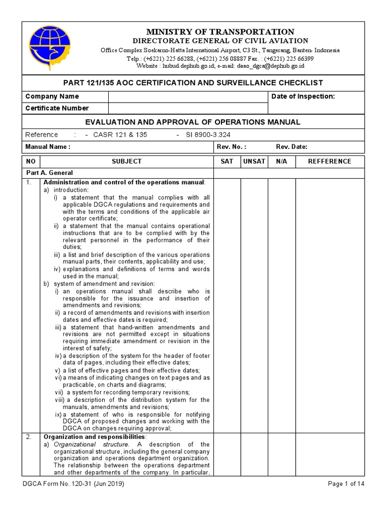 AOC Certification Checklist for DGCA | PDF | Visual Flight Rules | Instrument Flight Rules