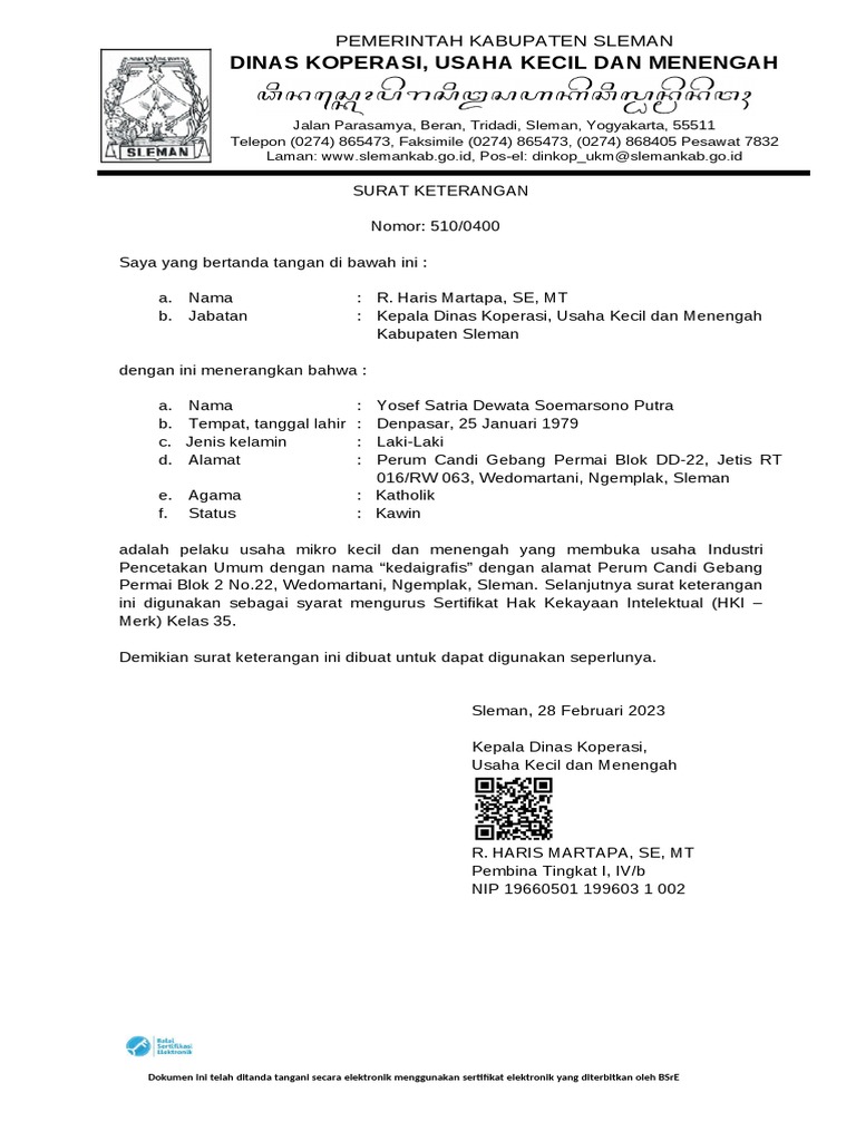 TTE Surat Keterangan UKM Kedaigrafis Kelas 35 Signed | PDF