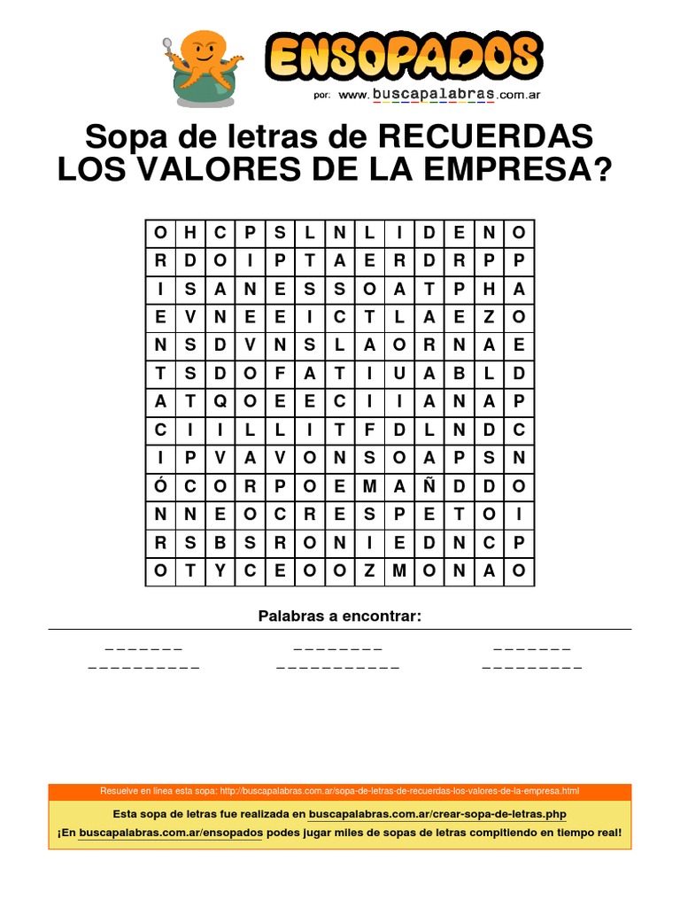 Sopa de letras: Valores de la empresa | PDF | Estudios de idiomas ...