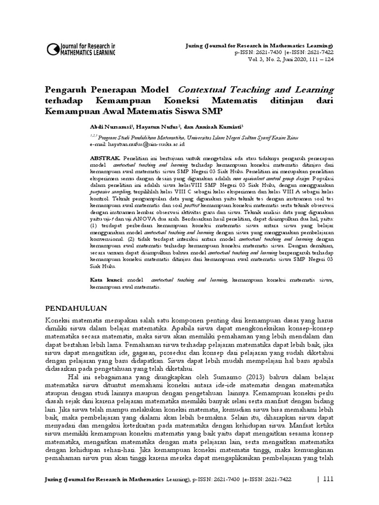 Pengaruh Penerapan Model Contextual Teaching and Learning Terhadap Kemampuan Koneksi Matematis ...