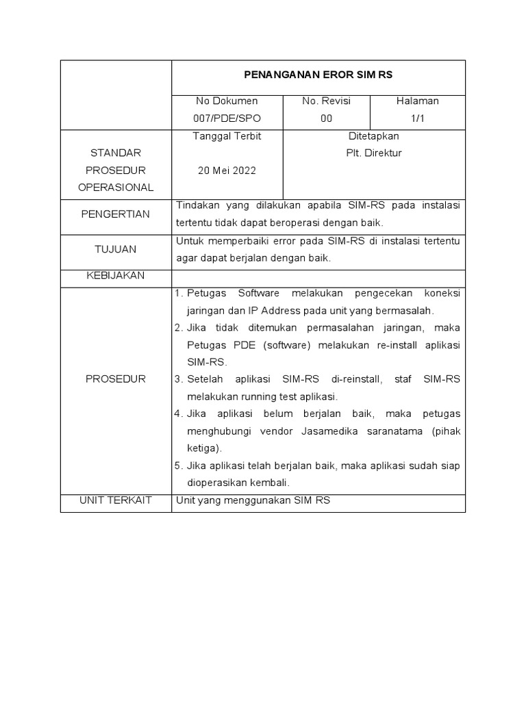 SPO Eror Simrs | PDF | Pengelolaan Keuangan & Uang | Teknologi & Rekayasa