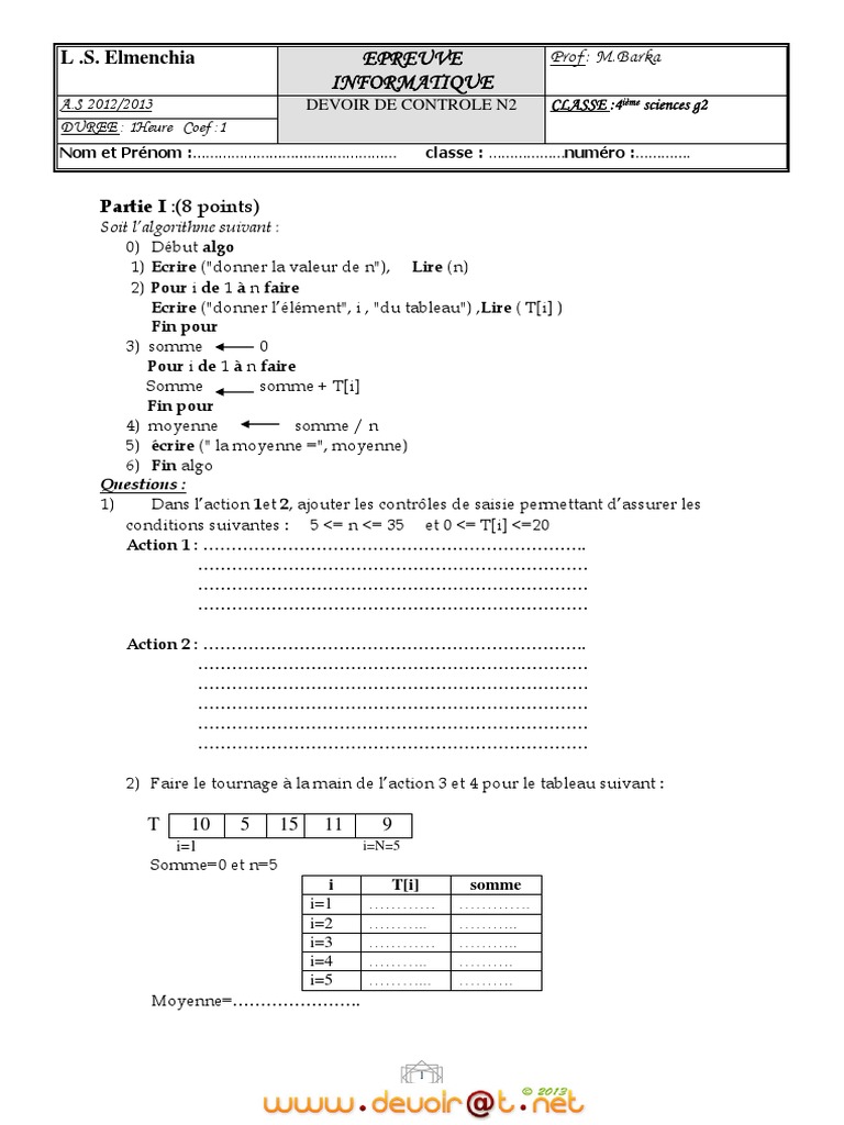 Devoir de Contrôle N°2 - Informatique - Bac Sciences Exp (2012-2013) MR Barka | PDF ...