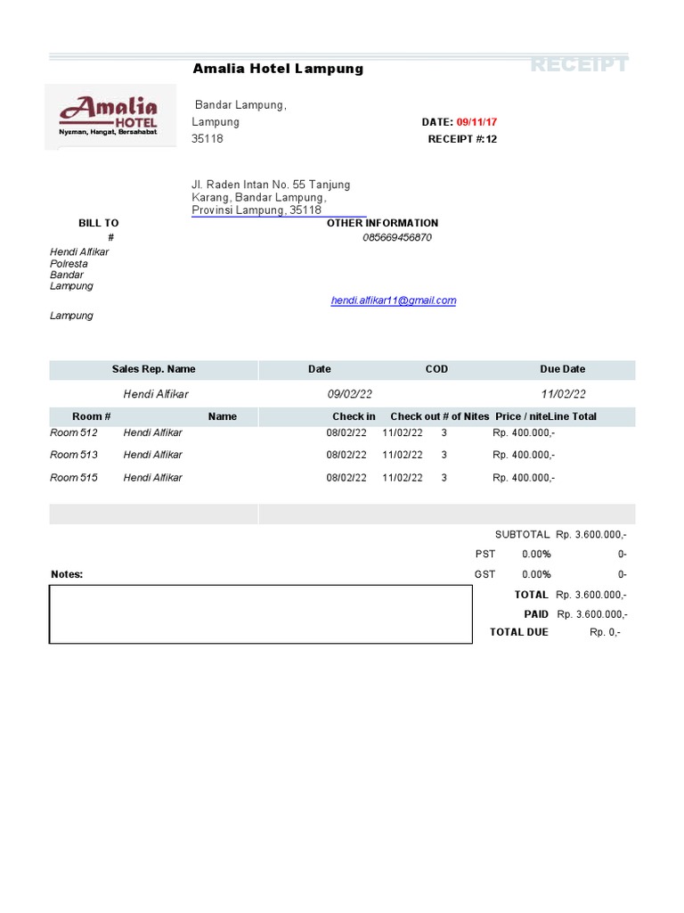 1 Contoh Bill Hotel Secara Umum | PDF